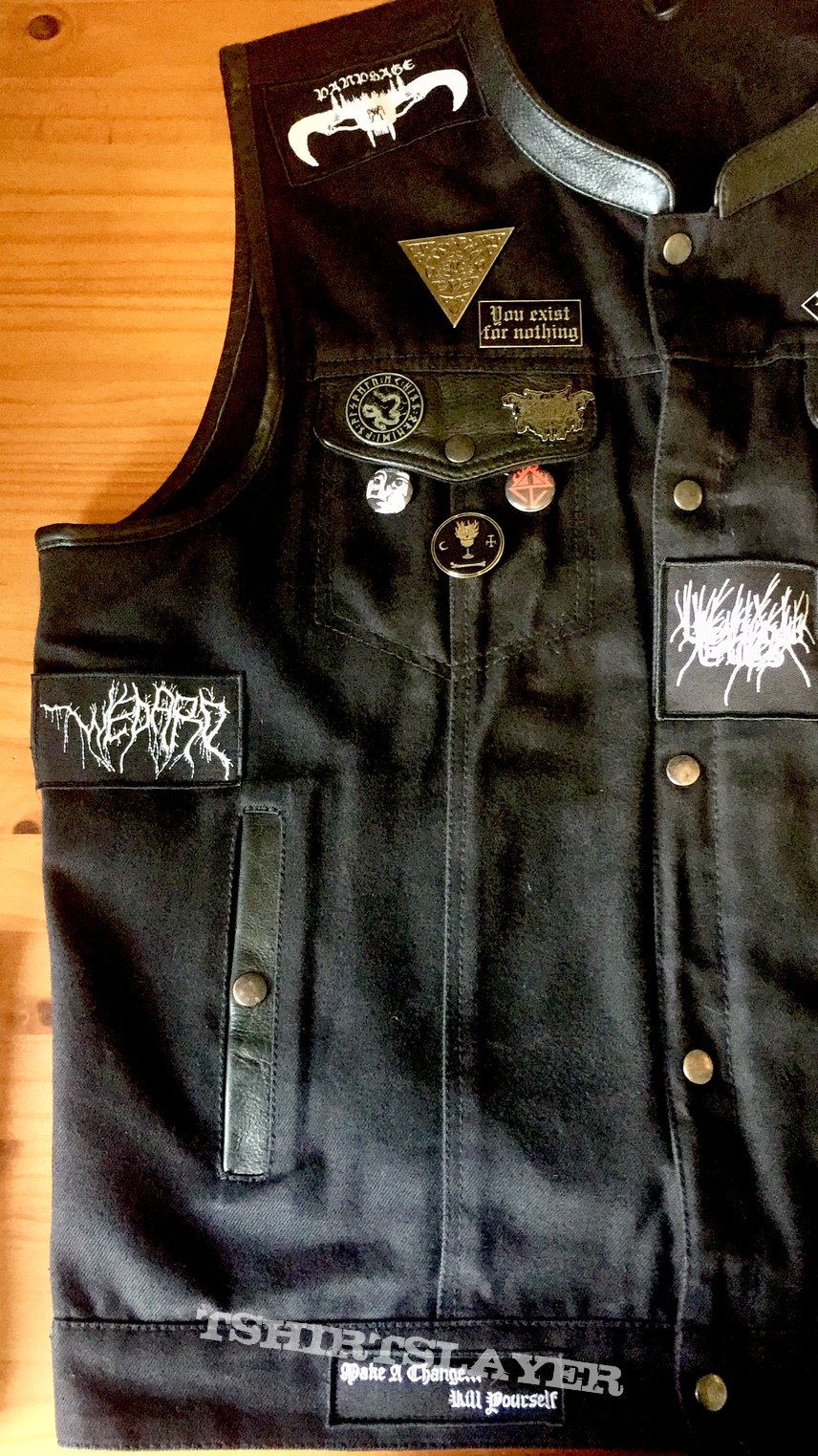 The Devil's Blood Finally finished black denim and leather battle vest ... The Devil's Blood Finally finished black denim and leather battle vest ...